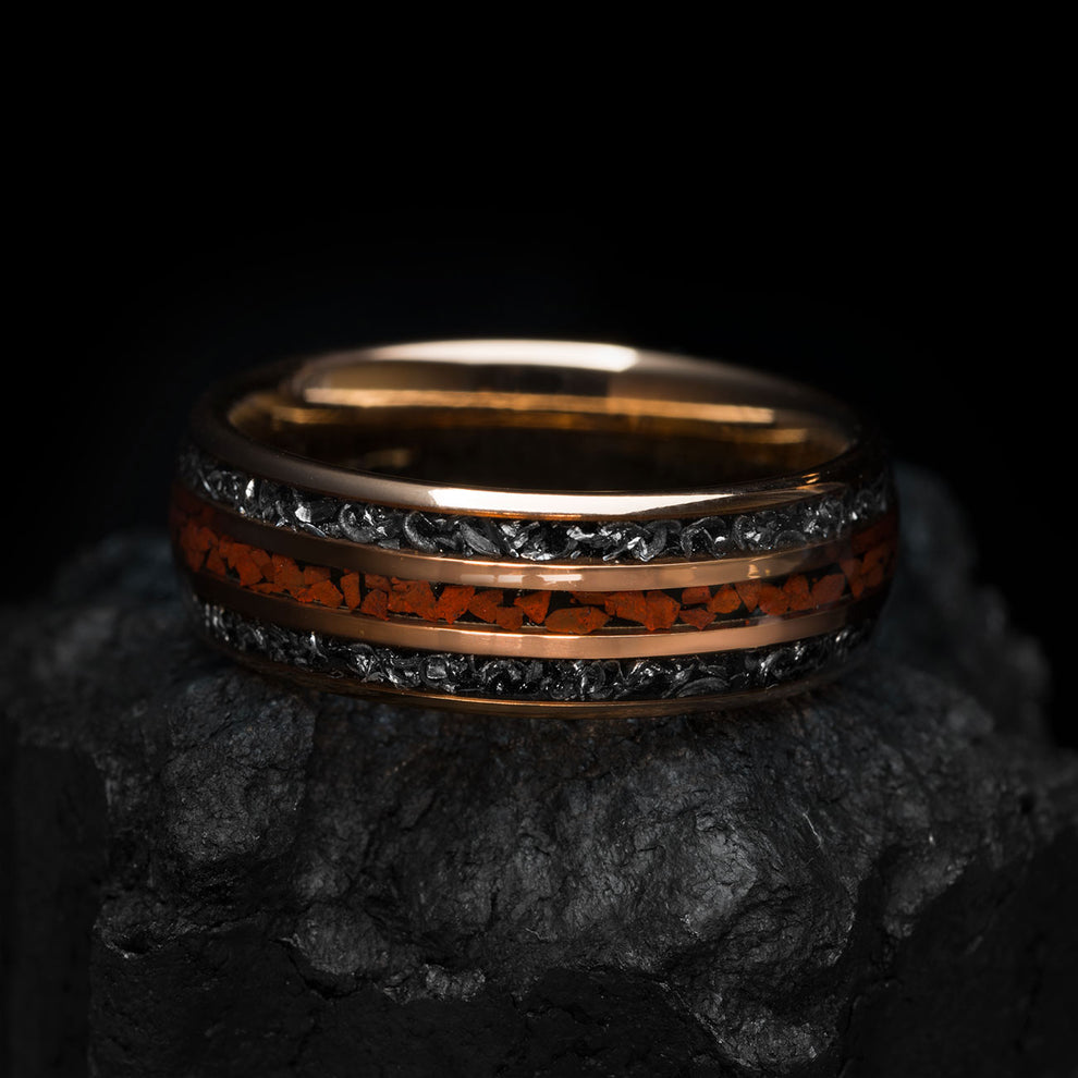 Meteorite & Dinosaur Bone Wedding Band | Rose Gold Tungsten Ring ...