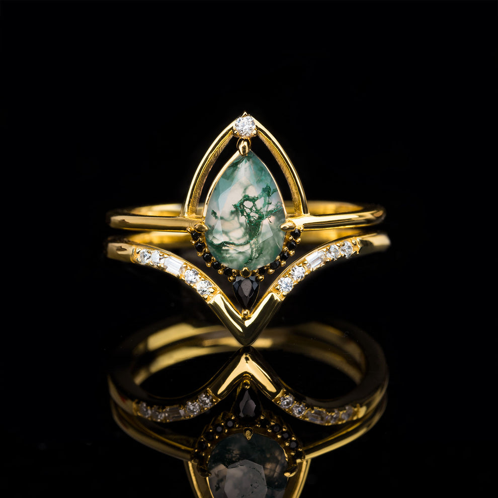 THE Elf KING SET - Black Tungsten Ring & Gold Moss Agate Ring - Manlemars